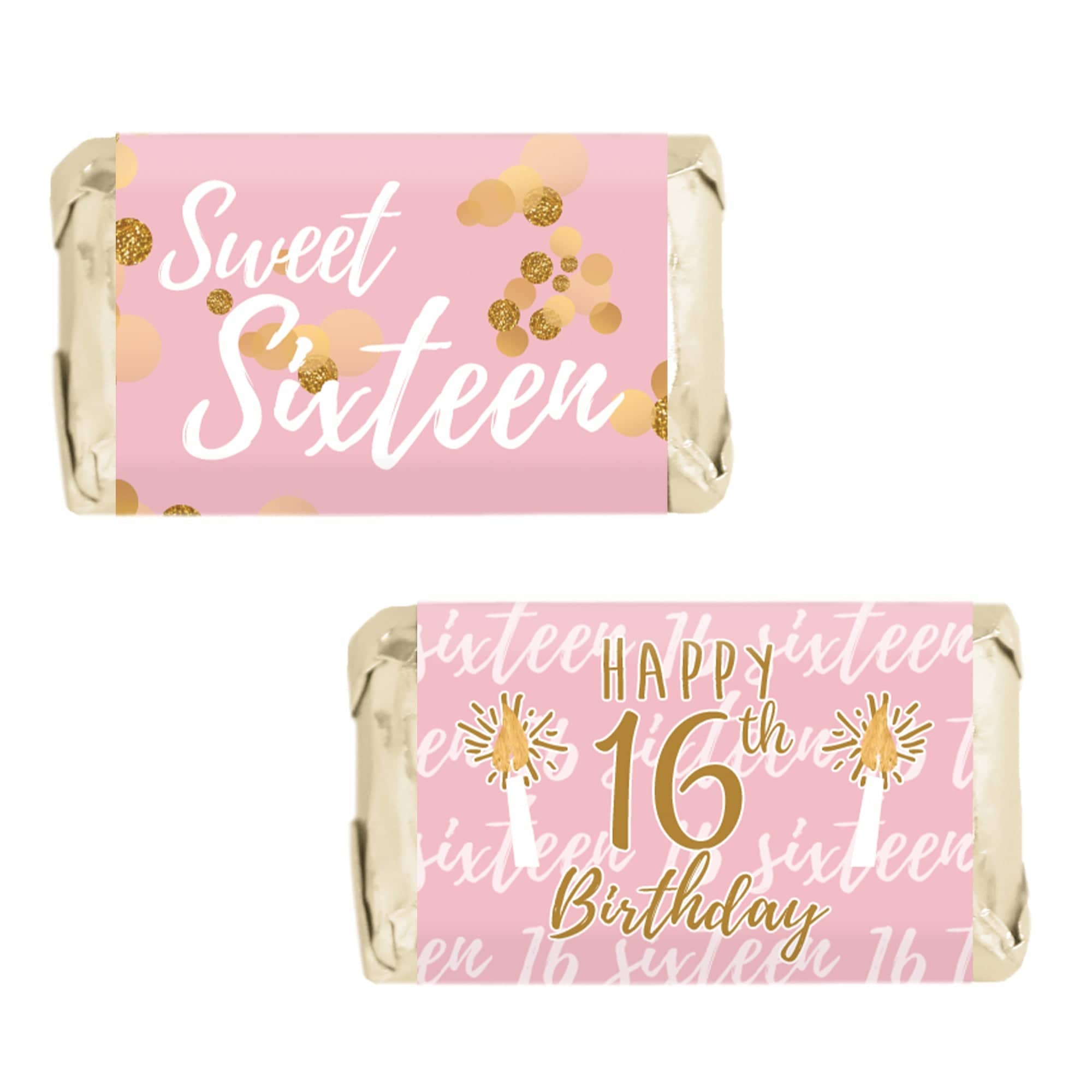 Pink and Gold Sweet Sixteen Mini Candy Bar Stickers – Distinctivs Party